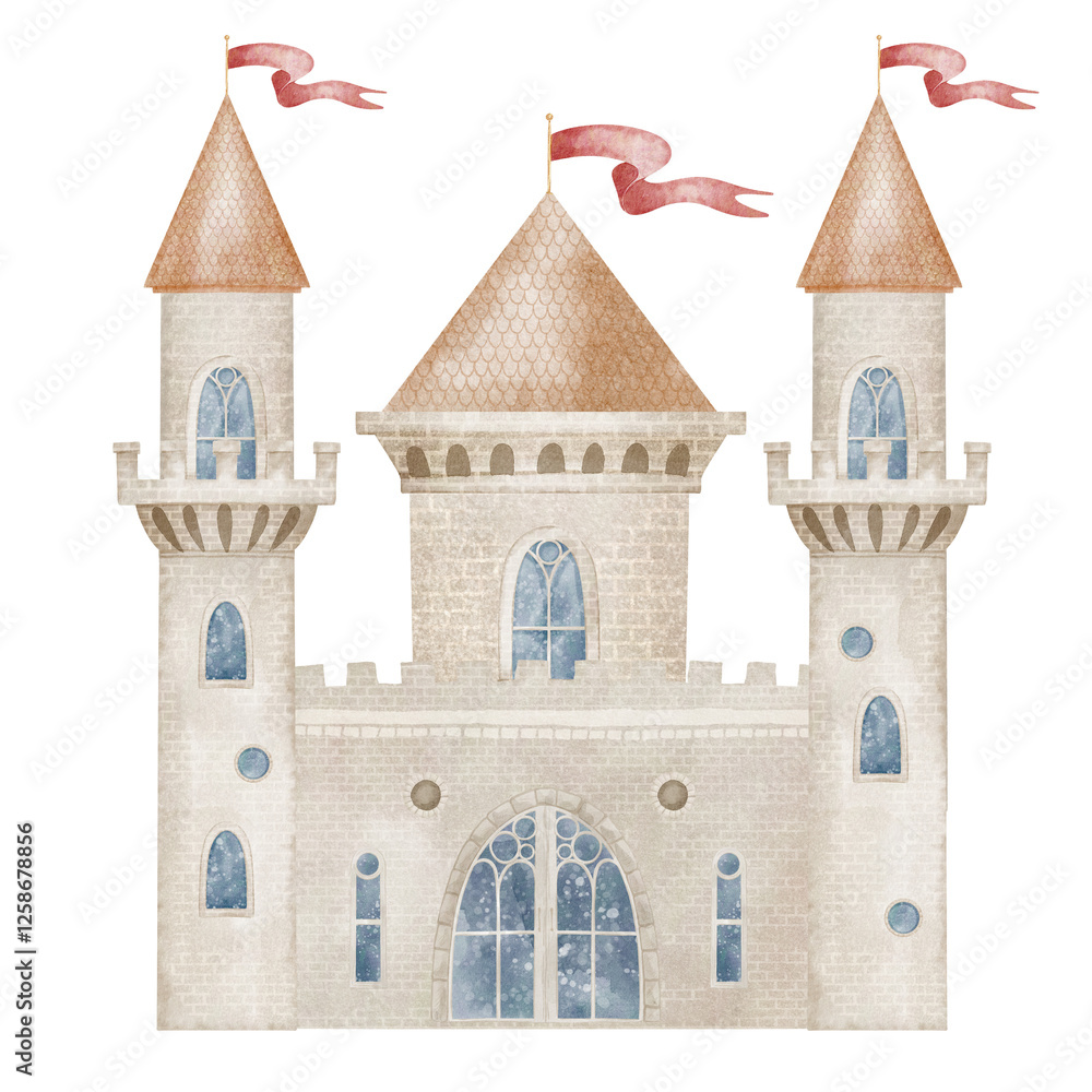 Watercolor illustration of Castle with Towers, flags, and stone walls ...