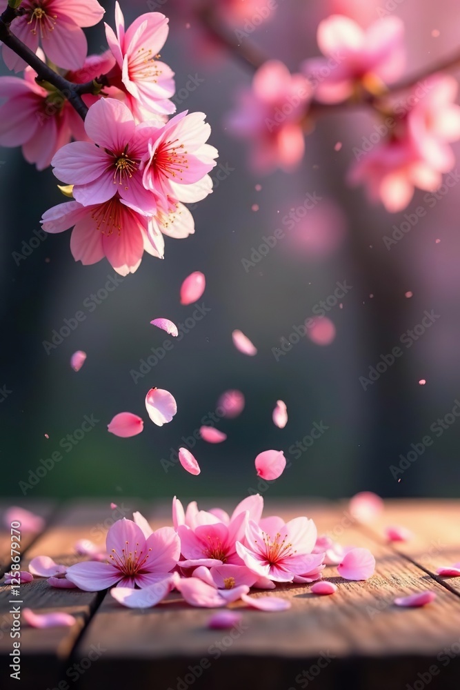 Cherry blossom petals falling from a branch onto a wooden table, tree ...