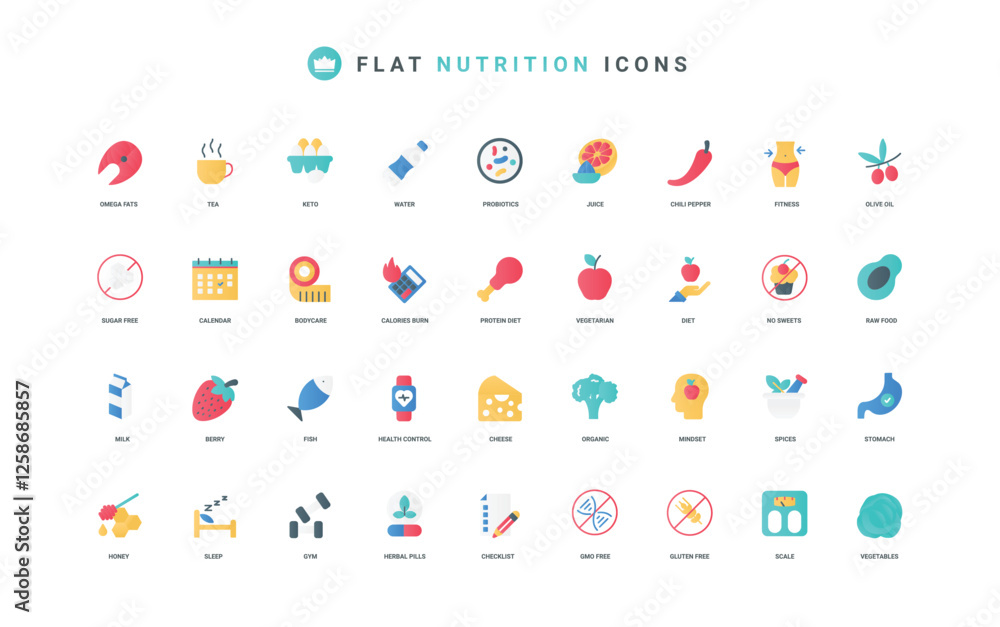 Diet and nutrition, nutritionists menu list color icon set. Dietary ...