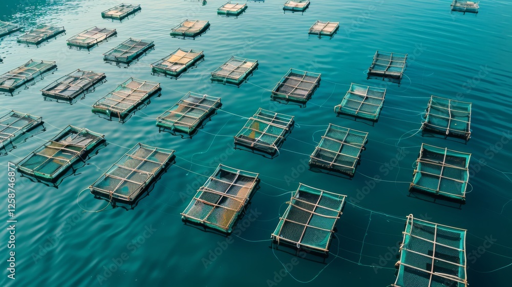 Photo Stock Fish farms float on calm waters, showcasing an organized ...
