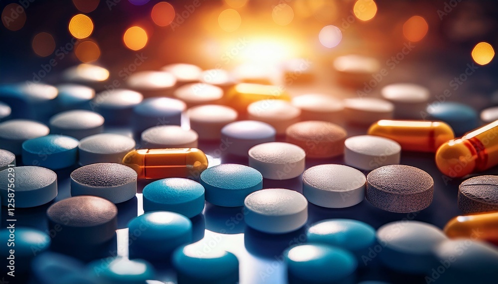 blurred out close up of medication pills background with lots of bokeh ...