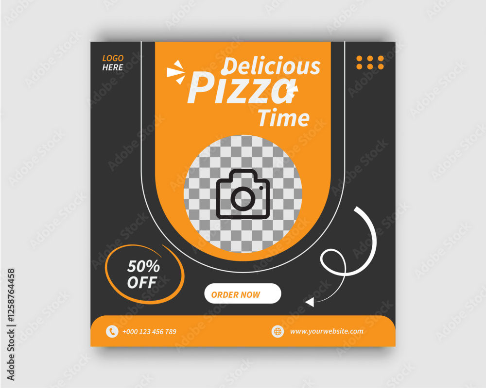 Delicious food menu social media post vector in Black and orange. Pizza ...