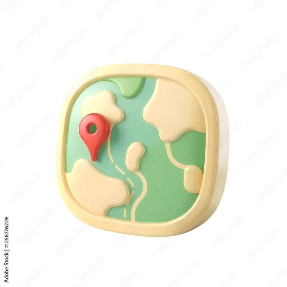 3d square map icon showing roads and locations with a red location pin ...