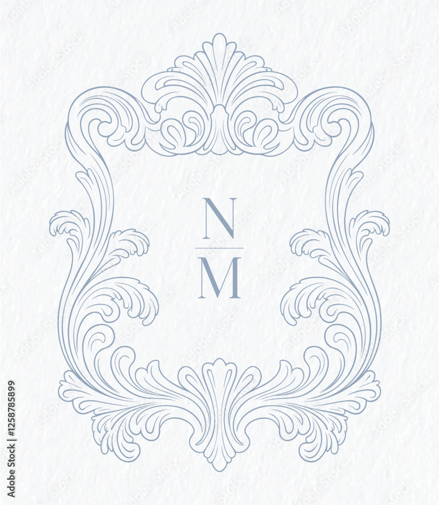 Vintage elegant wedding crest design. Arabesque with scrolls in Baroque ...