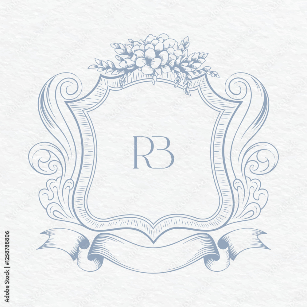 Vintage elegant wedding crest design. Arabesque with scrolls in Baroque ...
