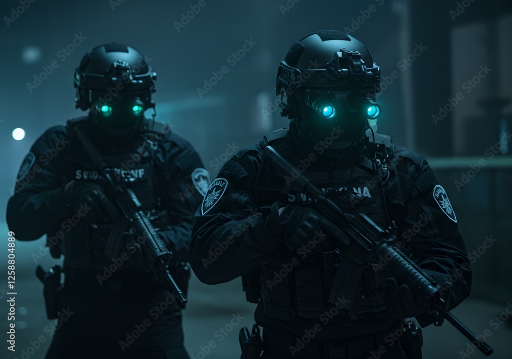 Swat team members in night vision gear on dark street. Tactical police ...