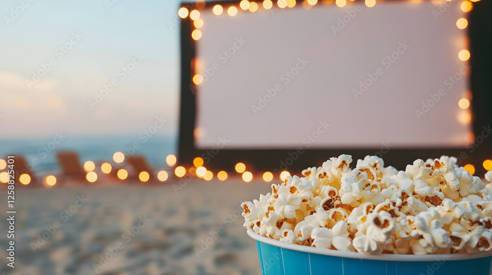 Beach movie night with popcorn. Cozy outdoor cinema setup. Relaxing ...