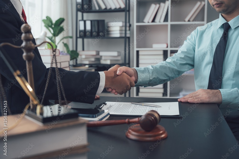 Legal Handshake: A lawyer and client shake hands across a desk ...