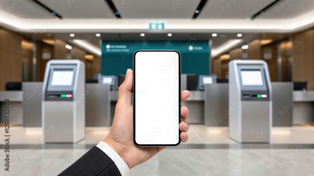 Mobile banking app interface on smartphone screen mockup in bank. Hand ...