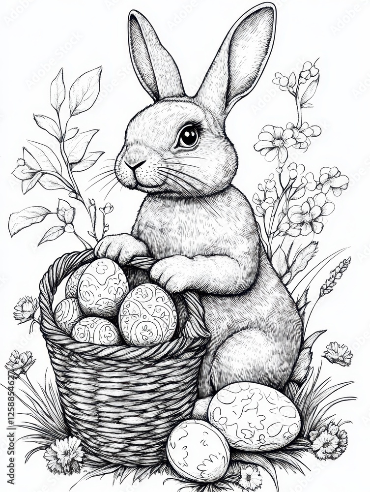 Easter bunny rabbit with basket of eggs and flowers. Happy Easter, line ...