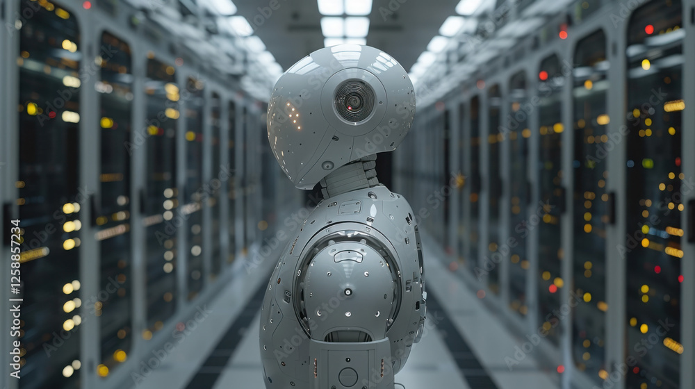 Rear back view of ''AI'' artificial intelligence robot standing in data ...