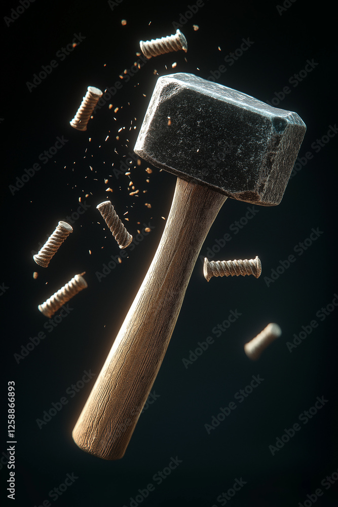 Hammer and nails levitating against a dark background, with soft ...
