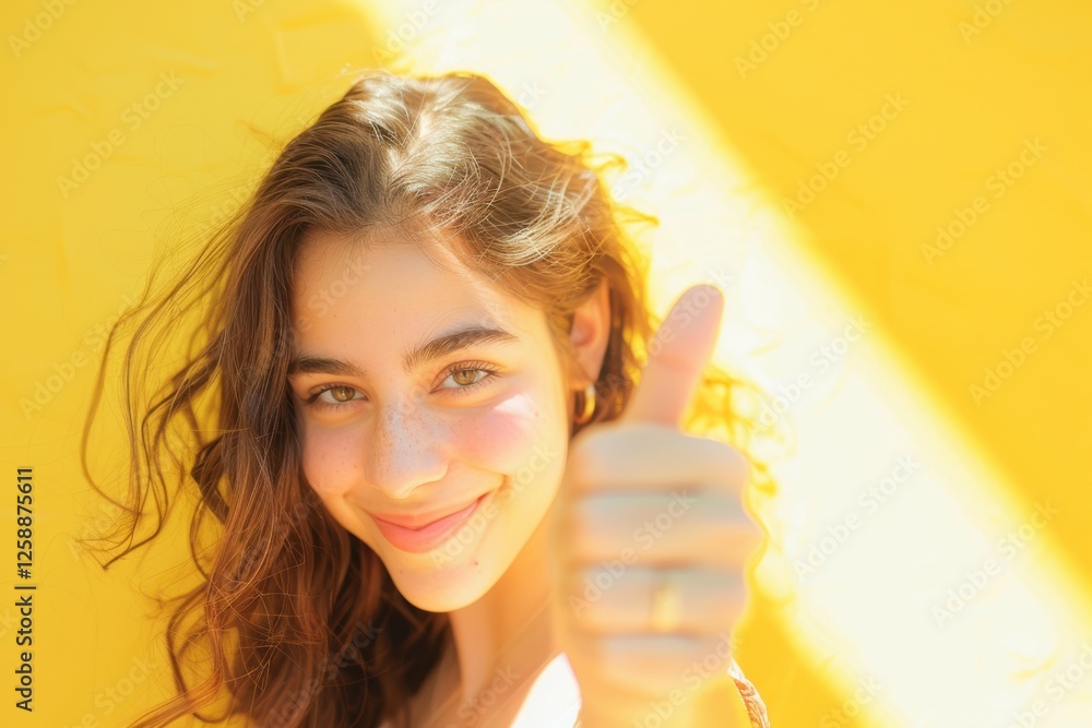 Happy woman giving a thumbs up in a studio, celebrating a victory with ...