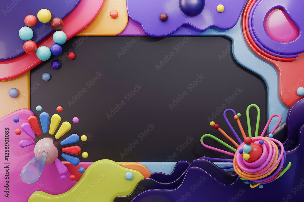 Colorful frame for kids with various 3D objects and blank black space ...