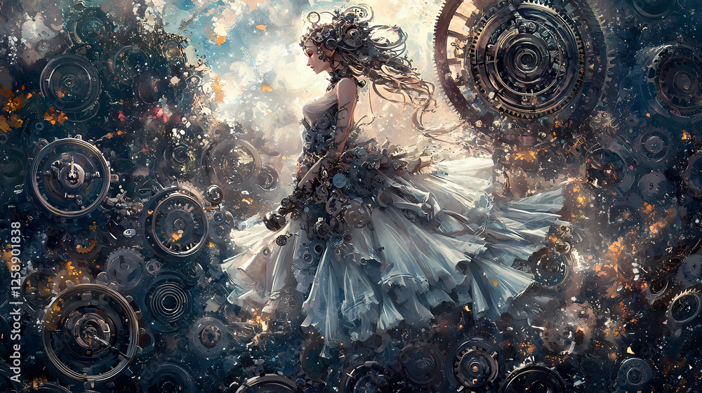 Silver symphony: a mechanical maiden in a garden of gears ai generated ...