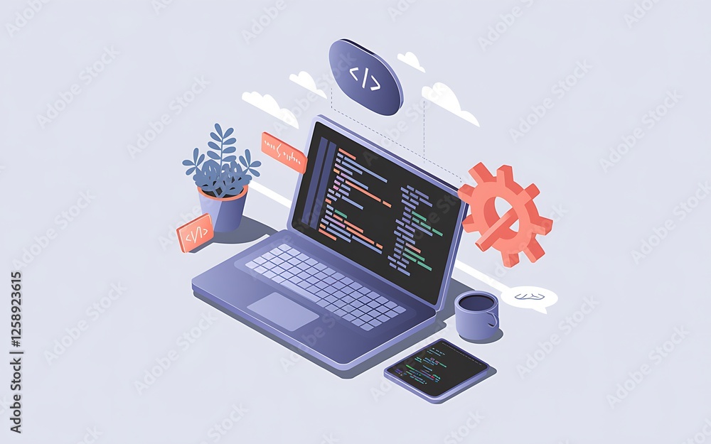 Laptop with code on screen, programming language symbols, colorful UI ...