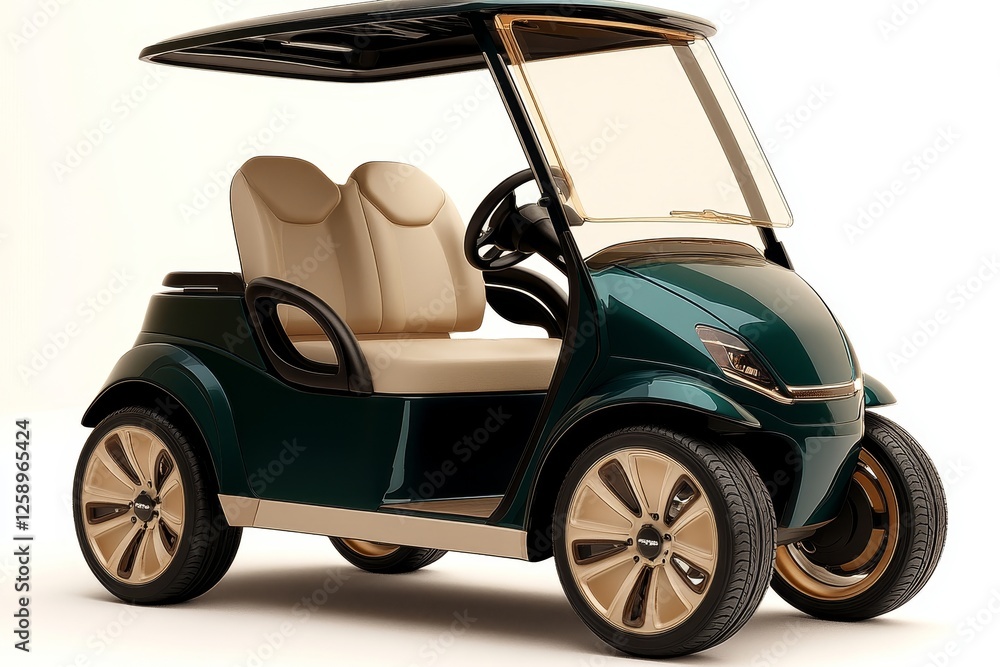 From a side perspective, the green golf cart with its beige seats is ...