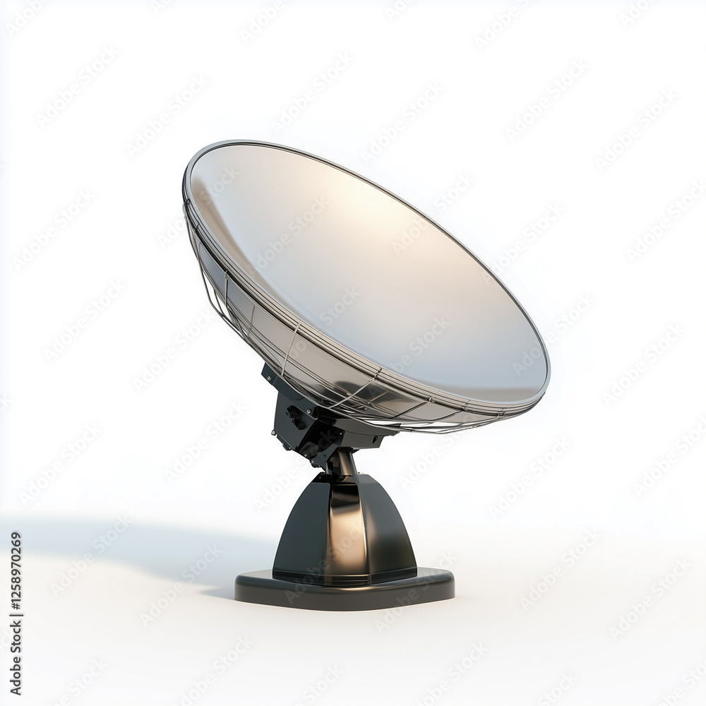Detailed 3D representation of a silver satellite dish emitting signal ...