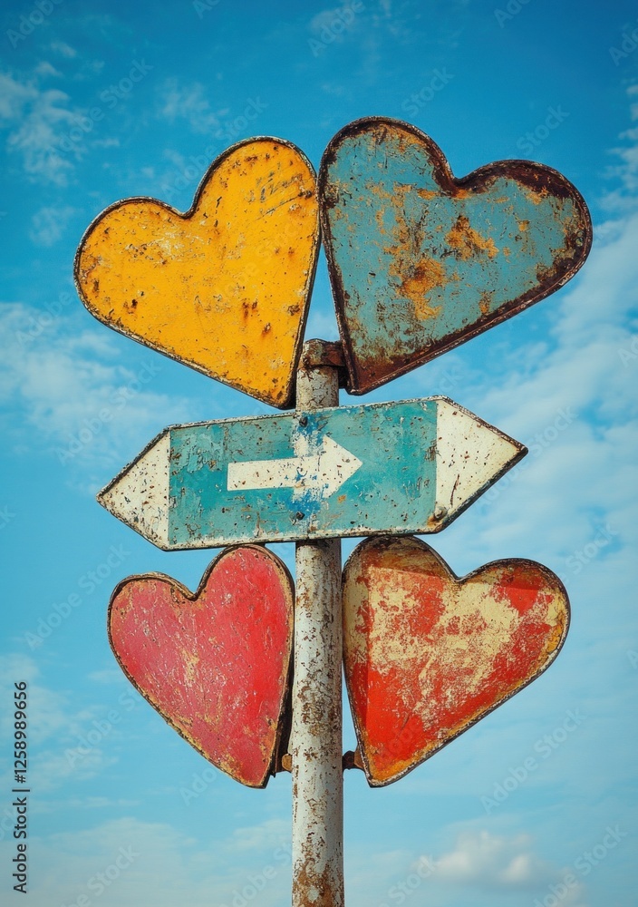 Colorful heart-shaped signs point in different directions, adding a ...