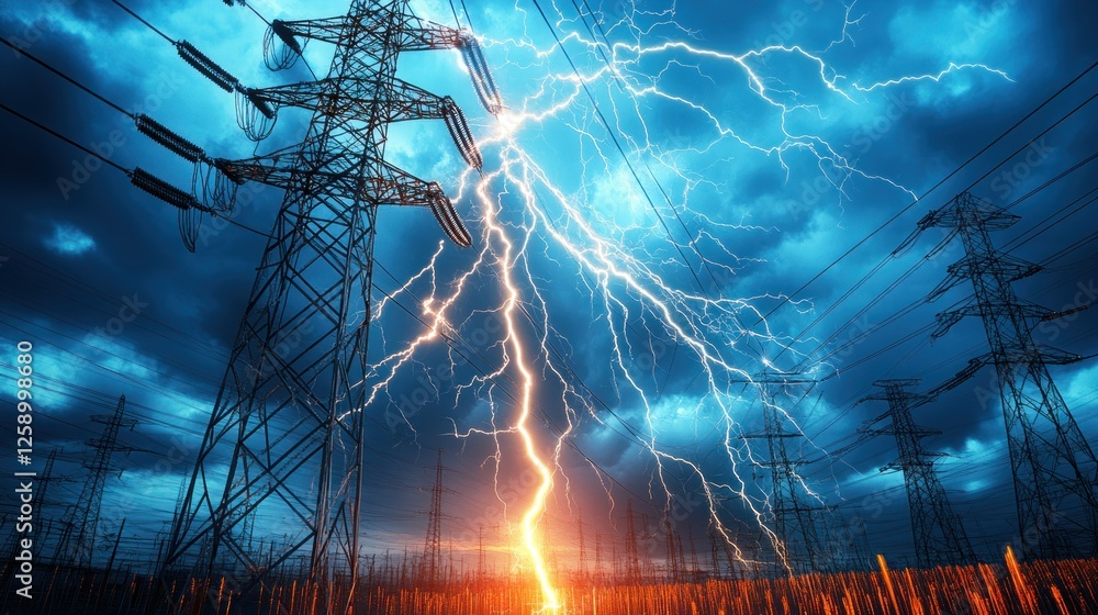Lightning Strikes Power Transmission Towers During Storm Stock ...