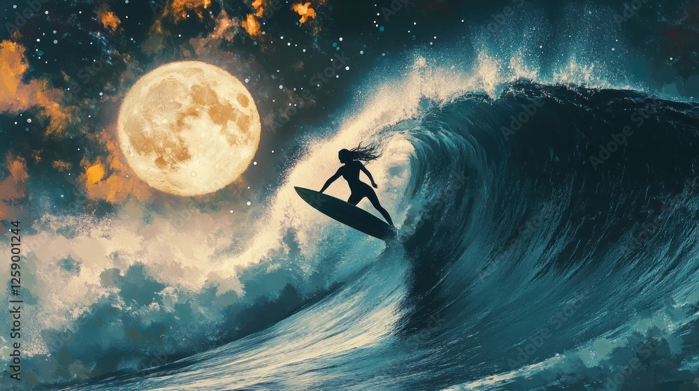 Silhouetted surfer rides a massive wave under a full moon and starry ...