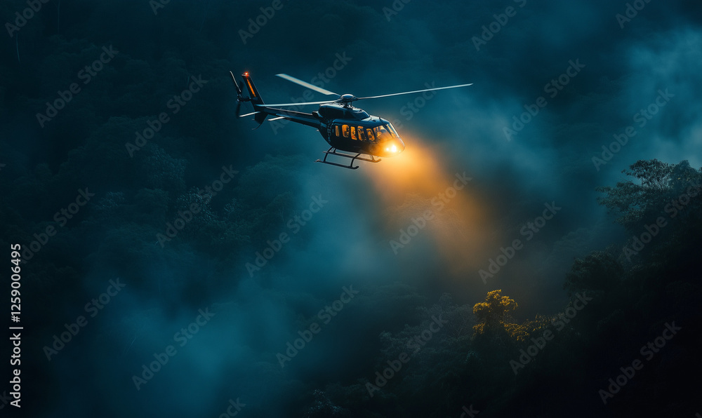 Search-and-rescue helicopter flying at dawn, its piercing spotlight ...