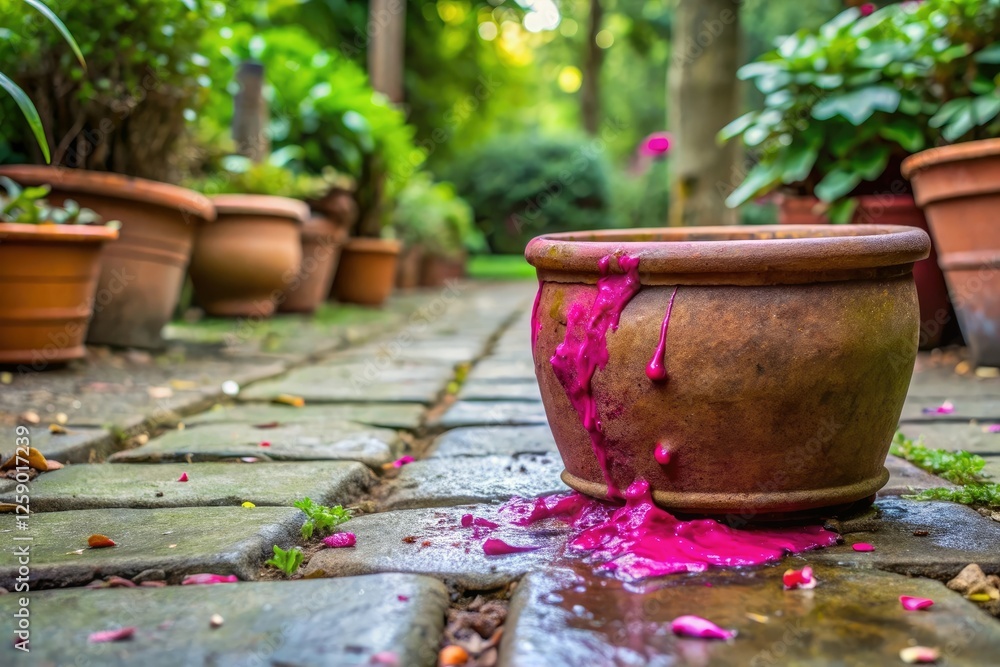 Fuchsia slime oozes from a cracked pot on a garden path, nature, slime ...