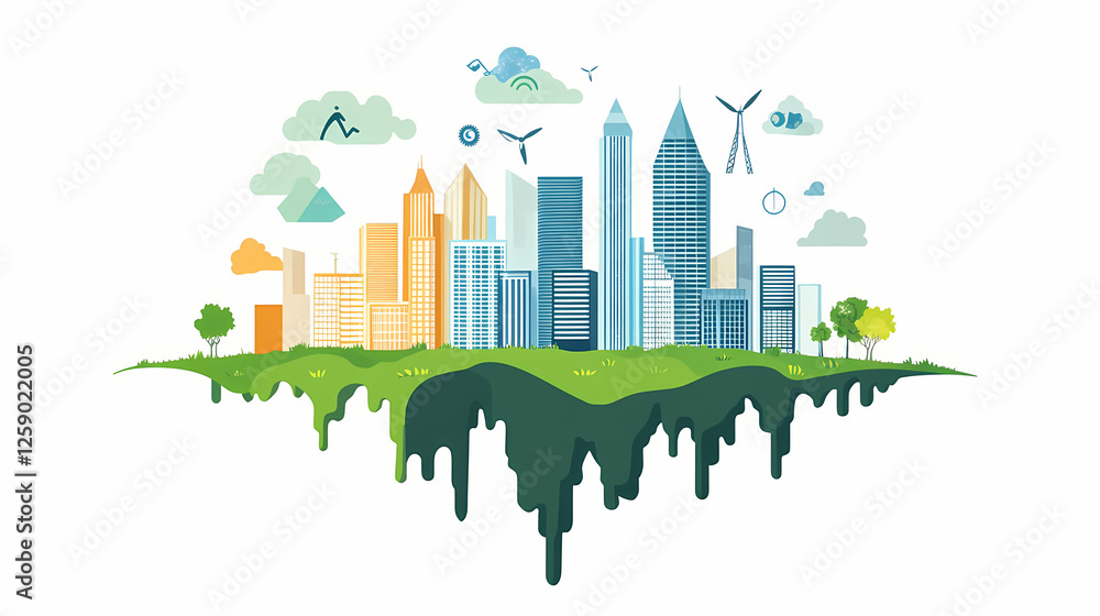 Ai-enhanced carbon footprint optimization flat design side view eco-friendly cities theme ...