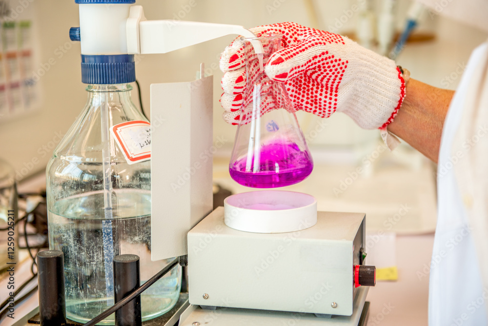 Laboratory equipment, titration of permanganate index. Manual titration ...