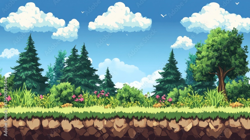Sunny pixel art forest landscape with lush greenery and a clear blue ...