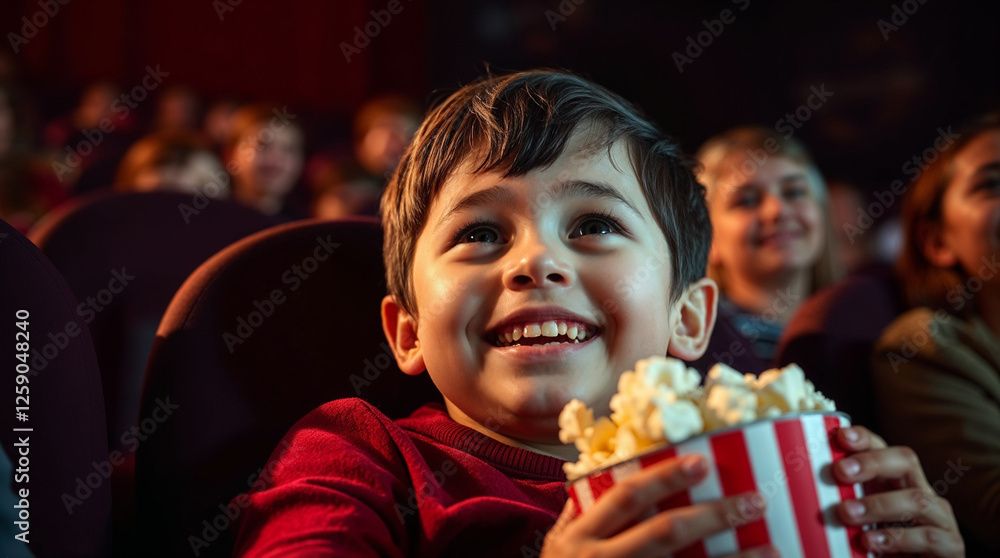 Cute little kids smiling joyfully watching a movie at the cinema ...
