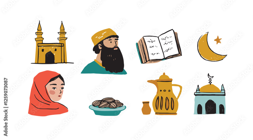Hand drawn Islam religion vector illustrations set. Isolated Ramadan ...