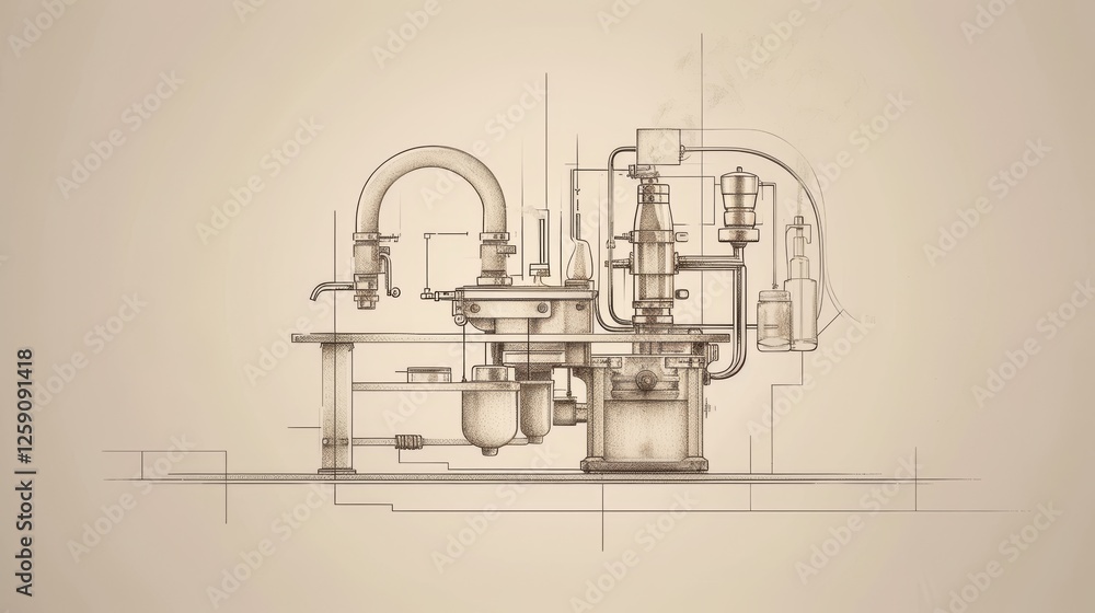 Detailed vintage-style sketch of an industrial mechanical system ...