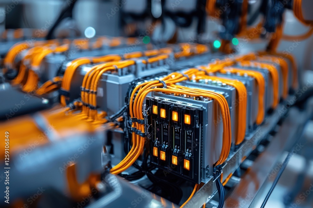 Close-up of an EV lithium battery pack showing wiring connections ...