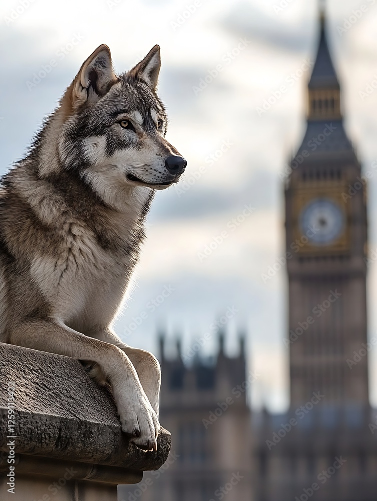 Wolf gazing majestically in front of Big Ben showcasing nature and ...