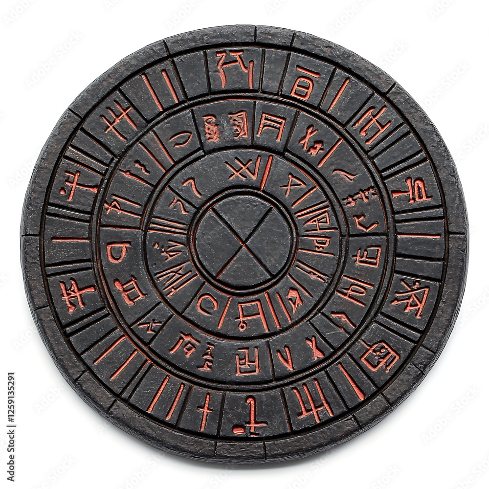 Dark Circular Disc with Red Engraved Runes and Symbols Stock ...