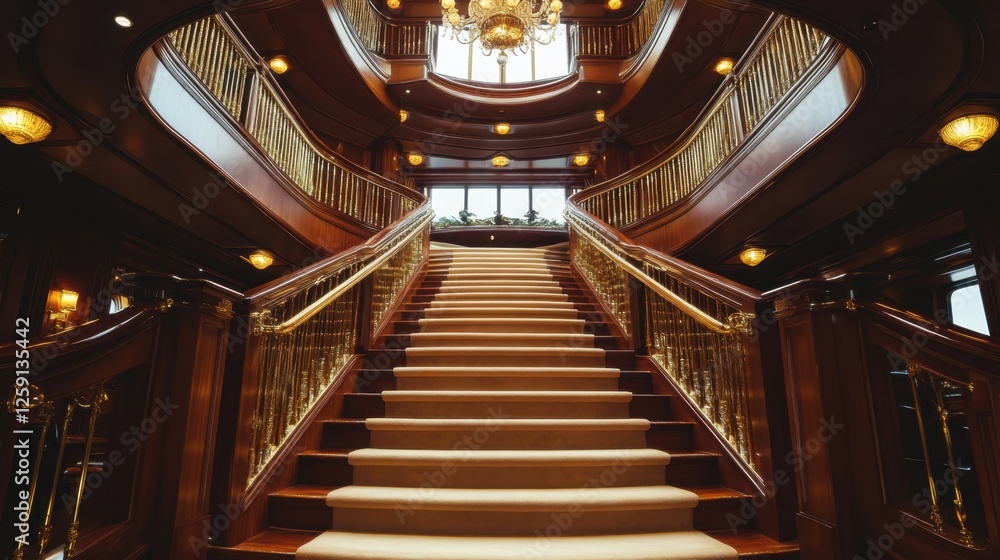 Grand staircase inside a cruise ship with elegant chandeliers and gold ...