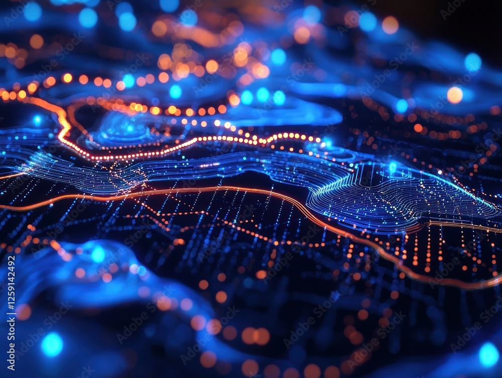 Digital map interface with pulsing blue nodes global data transfer ...