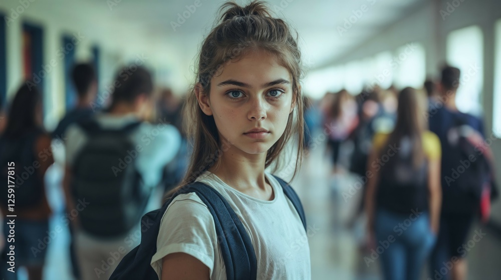 Tired schoolgirl standing in hallway, brown hair in messy ponytail ...