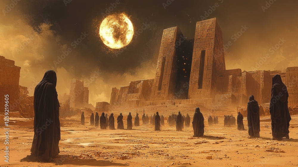 Hooded figures gather around massive altar in barren world. They chant ...
