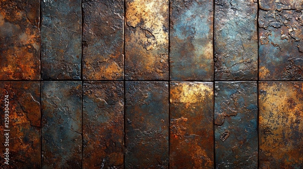 Textured metal panels with rust and patina creating an industrial ...