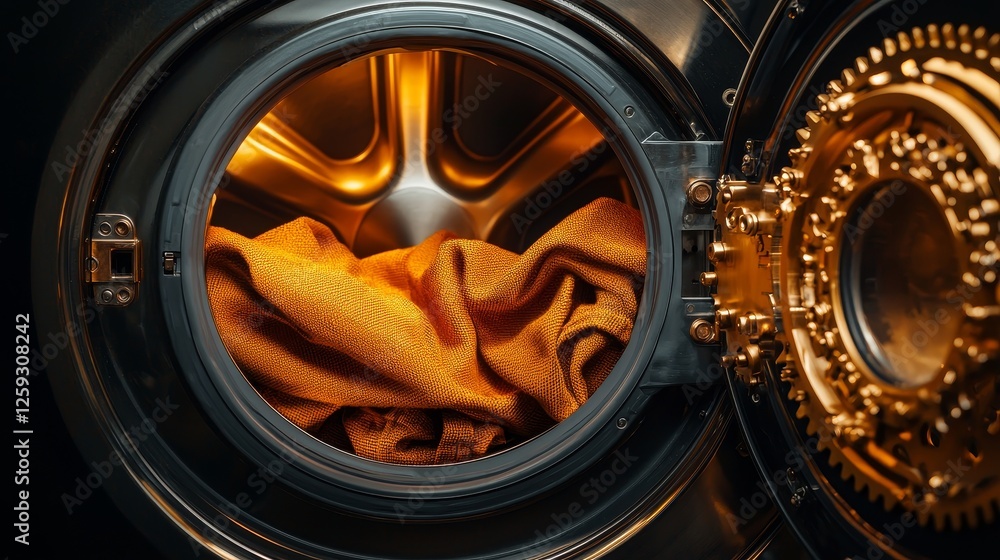 Steampunk-inspired washing machine with brass gears and pipes, door ...