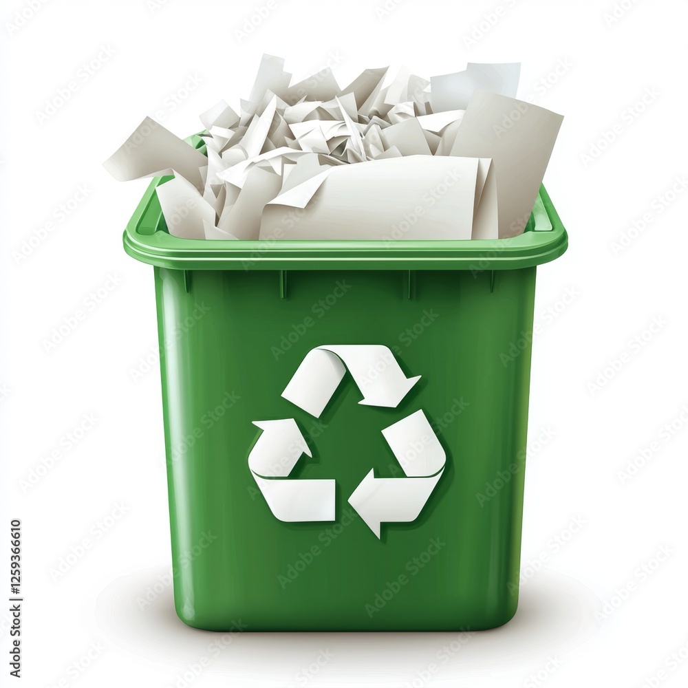 Green recycling bin filled with crumpled paper and marked with a ...