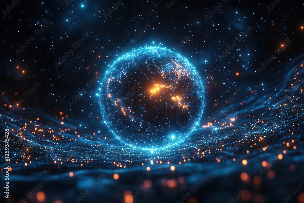 digital neural network globe with pulsing light connections floating ...