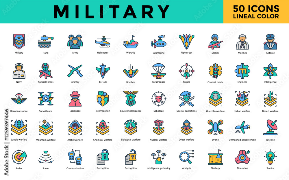 Military icon set with military, tank, army, helicopter, warship ...