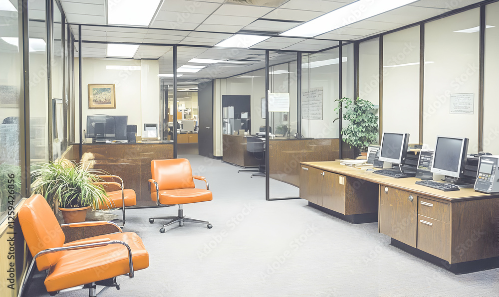 Retro office interior with orange chairs, wood desks, and vintage ...
