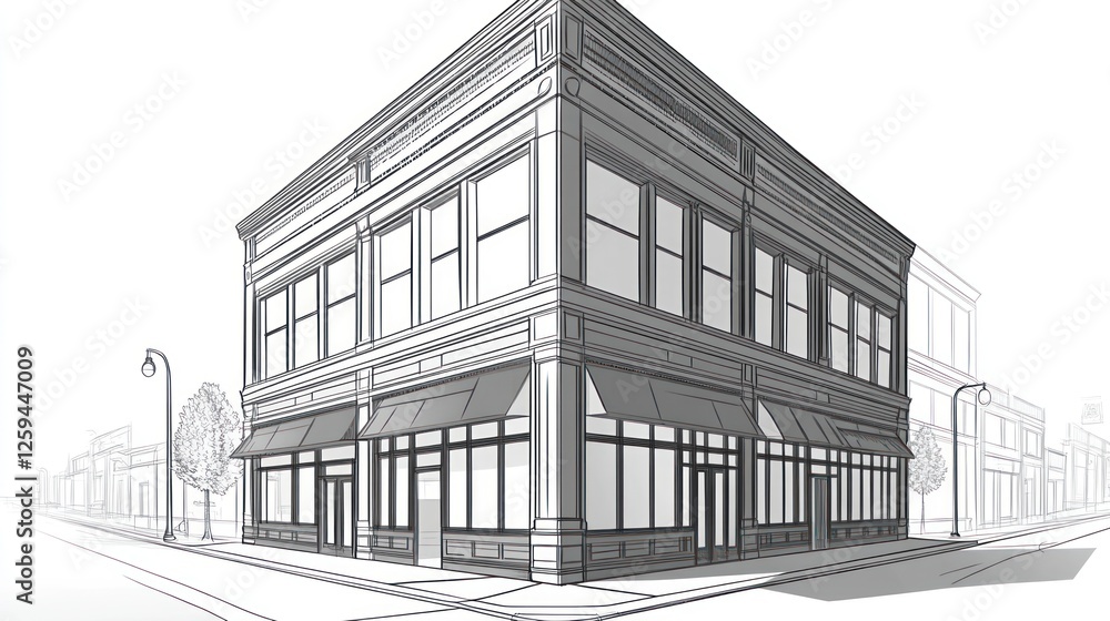 line drawing of three-story building with large windows, vector art ...