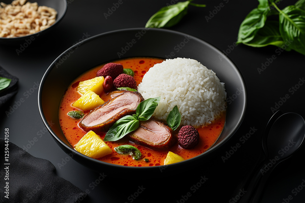 Thai Red Curry (Gaeng Phed) served in a dark bowl, featuring slices of ...