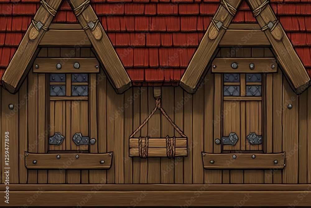 Medieval House Exterior: A Detailed Wooden Facade with Gable Roof and ...