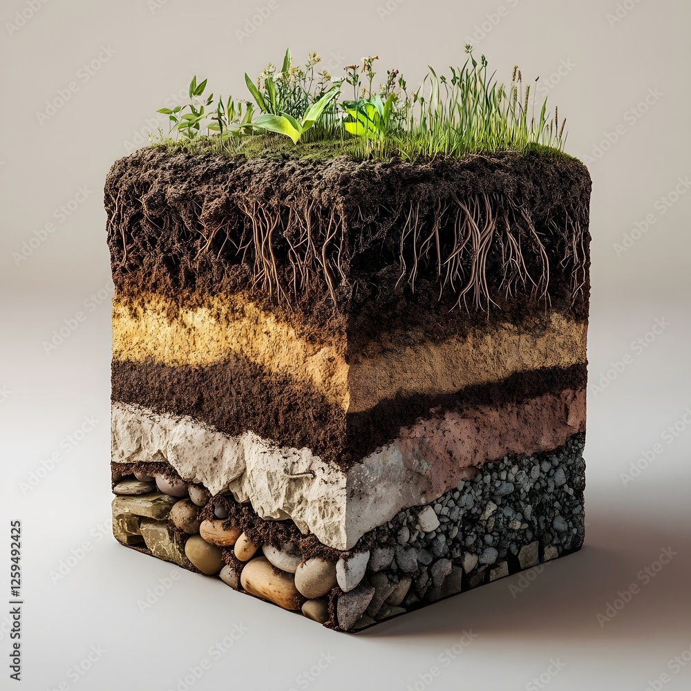 Dimensional Cross Section Cube of Soil Profile with Diverse Plant Life ...